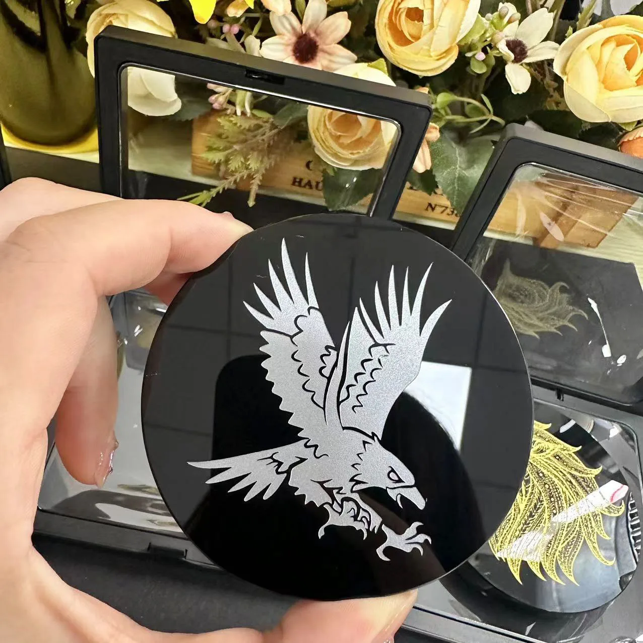 Black Obsidian Plate with Golden & Silver Prints for Healing