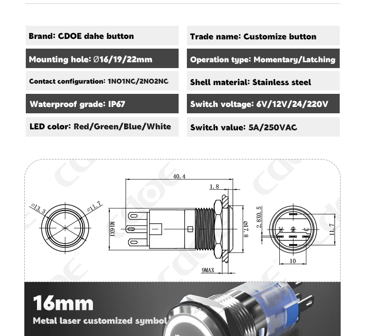 Anti Vandal Ip67 Spdt Red Led Light 22mm Push Switch Custom Laser ...