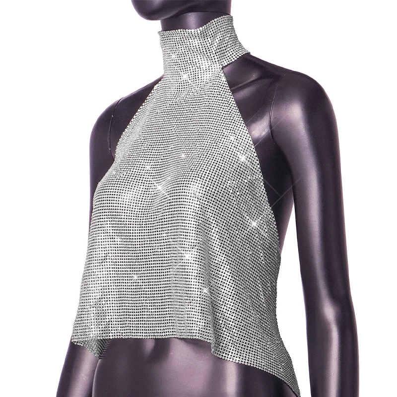 Y2K Silver Aluminium Chainmail Crop Top - Open Back Rhinestone