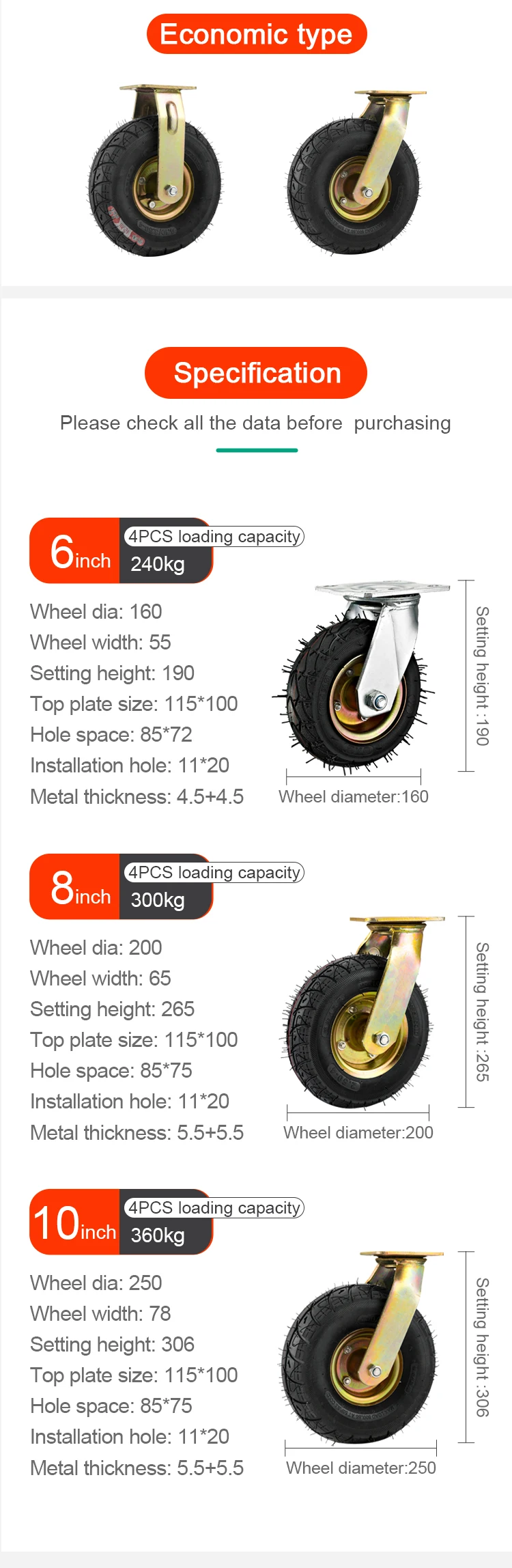 6" 8" 10" Inflatable Wheel Pneumatic Casters Pump Caster Trolley Wheels ...