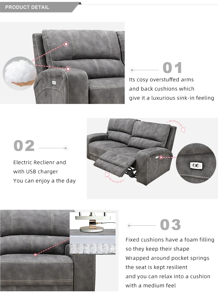 Home Modern Fabric Sofas Furniture Electric Recliner 3 Seater Usb ...