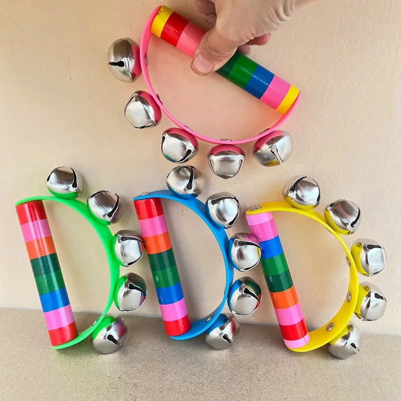 Baby Wooden Toys Stick Kids Children Bells Rainbow Hand Shake Bell ...