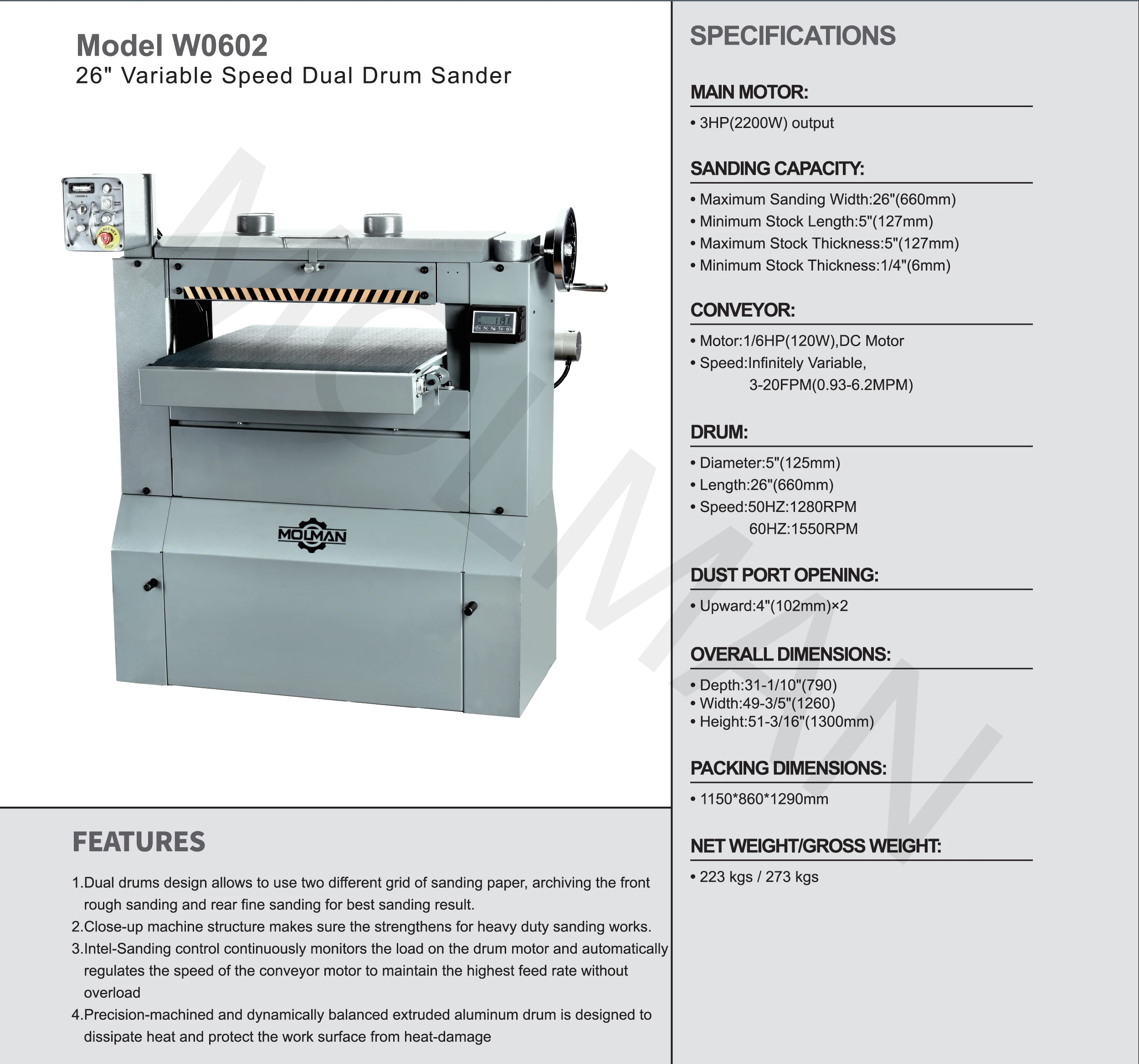 26 Inch Variable Speed Wood Dual Drum Sander - Easy to Operate