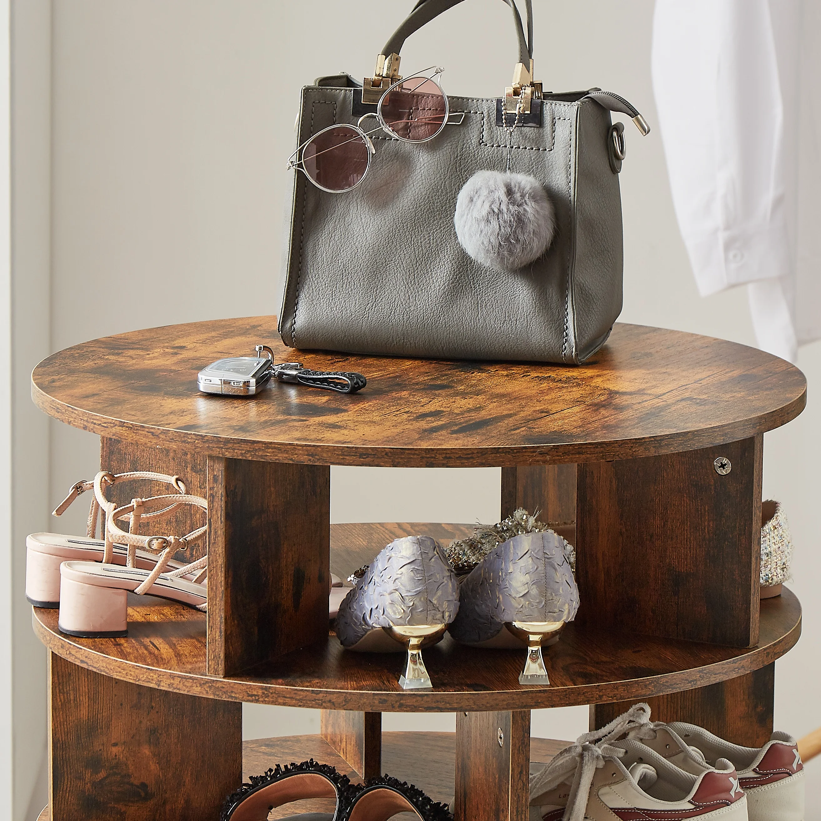 Wooden 360 Round Rotating Revolving Shoe Display Rack Storage Rotatable ...