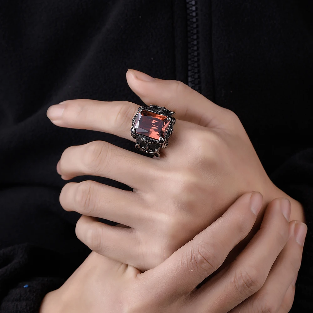 Men Jewelry Biker Finger Vintage Natural Stone Ruby Rings Chunky Stainless Steel Mens Ring Fine Jewelry