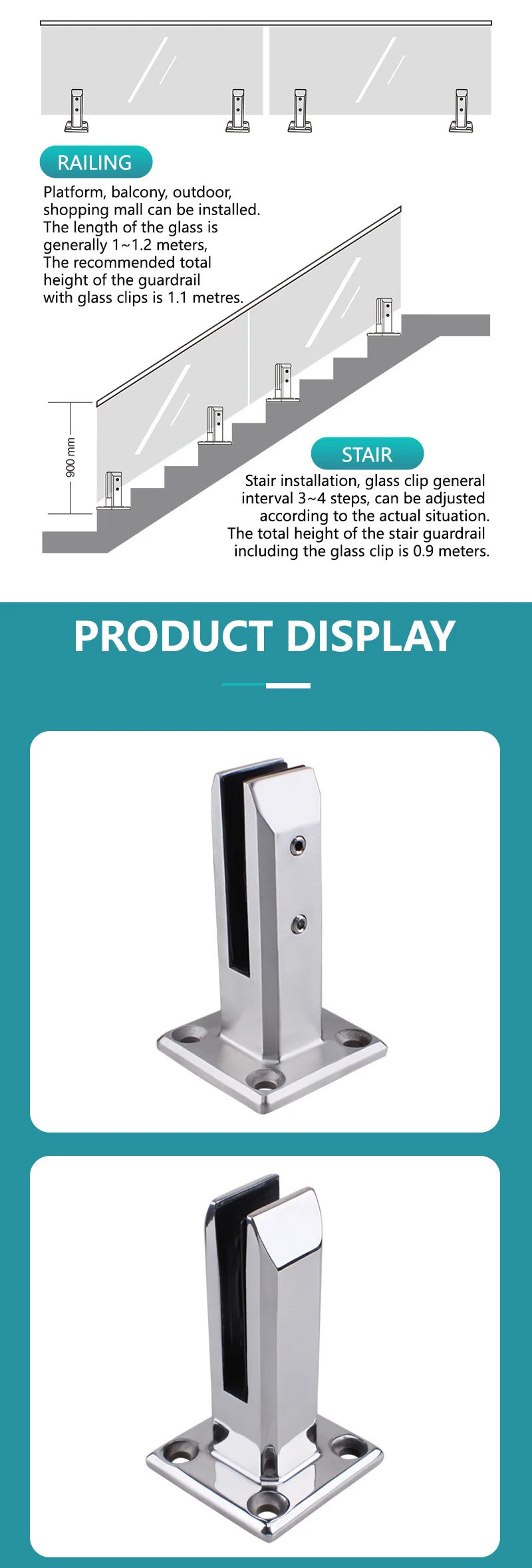 Glass Spigot Base Railing Outdoor Indoor Stainless Steel Glass Clip ...