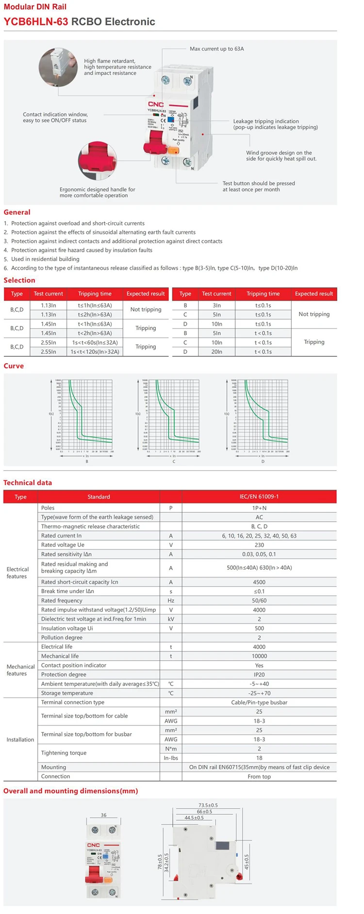 CNC Electric 1P+N Earth Leakage Circuit Breaker RCCB 6A-63A