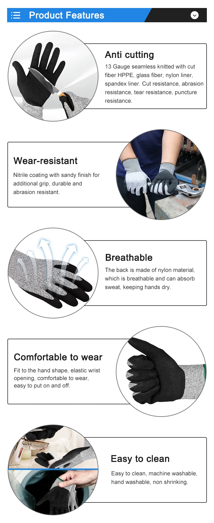 ZMSAFETY Cut Resistant Gloves - En388 4544 Level 5 Protection