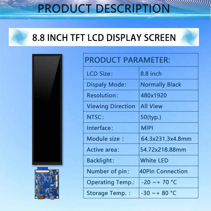 Liyuan 8.8 Inch TFT LCD Display - 480x1920 IPS Color Screen