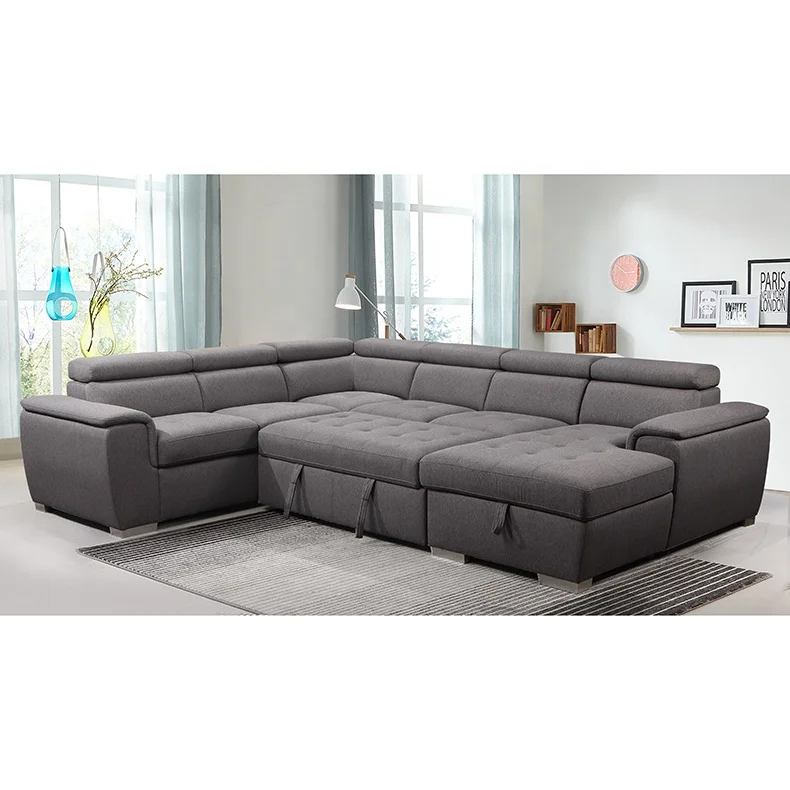 High Quality Modern Design Gray Color Sofa Bed Adjustable Headrest U shaped Furniture with Ottoman and Storage