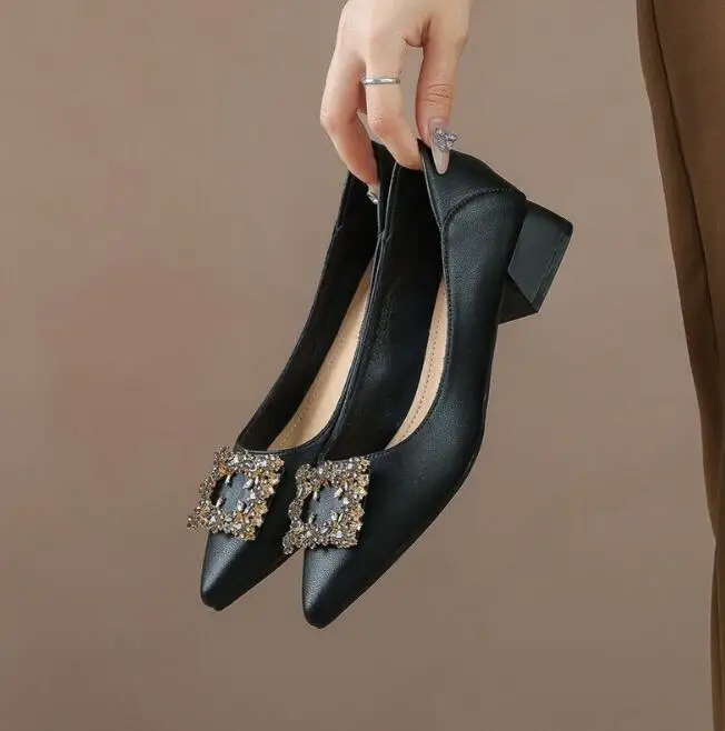 Elegant Mid-heel Small Leather Shoes Women's Square Toe Shallow Mouth ...