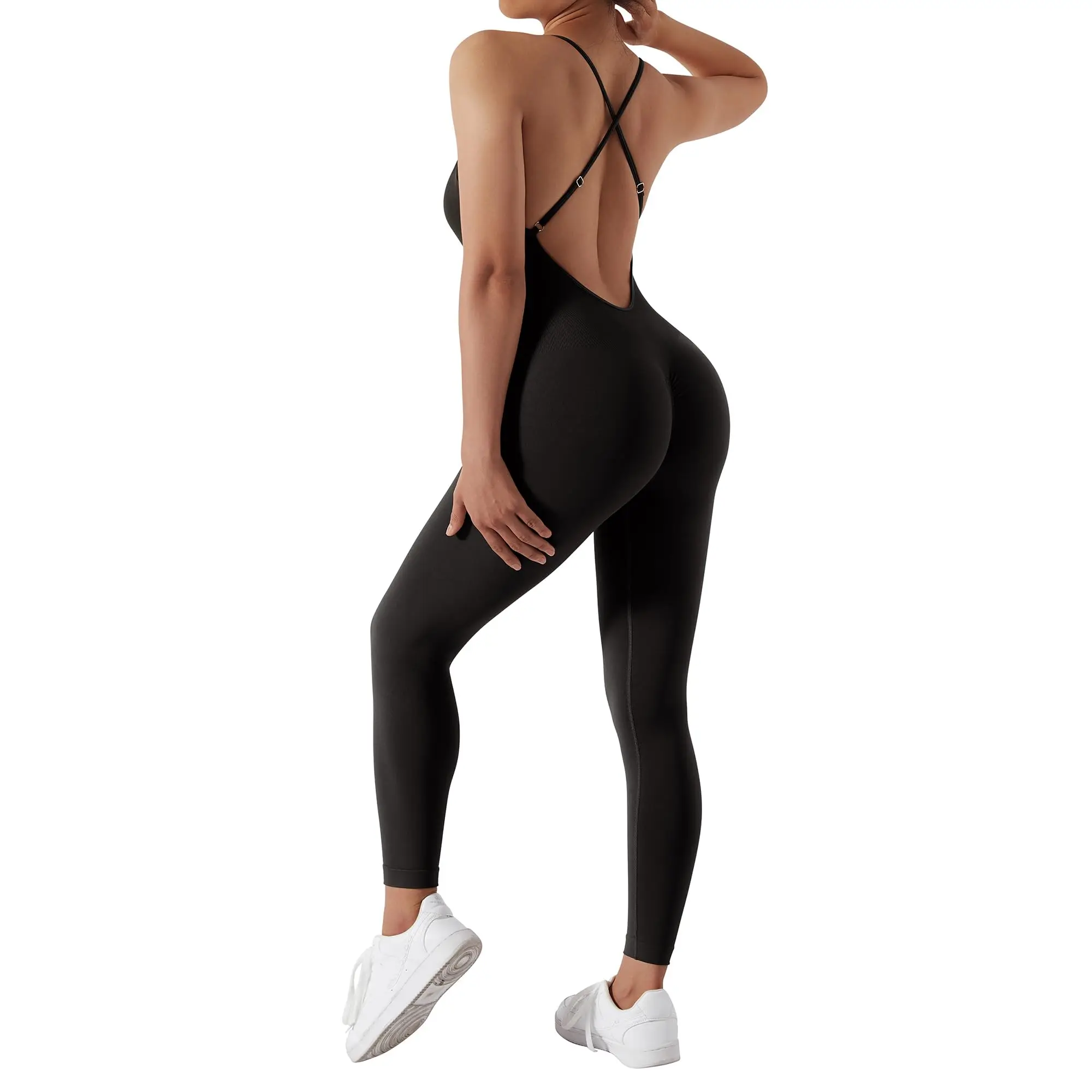Wholesale Seamless Sexy Backless Tummy Control Jumpsuit Scrunch Butt Sleeveless Yoga Gym ...