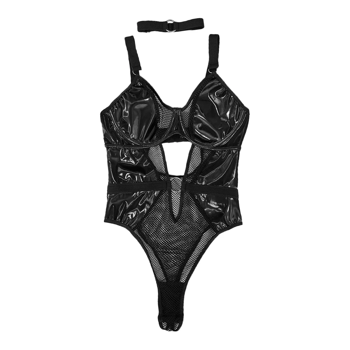 New Arrival Design Black Color Lingerie Set Mesh And Pu Leather Women