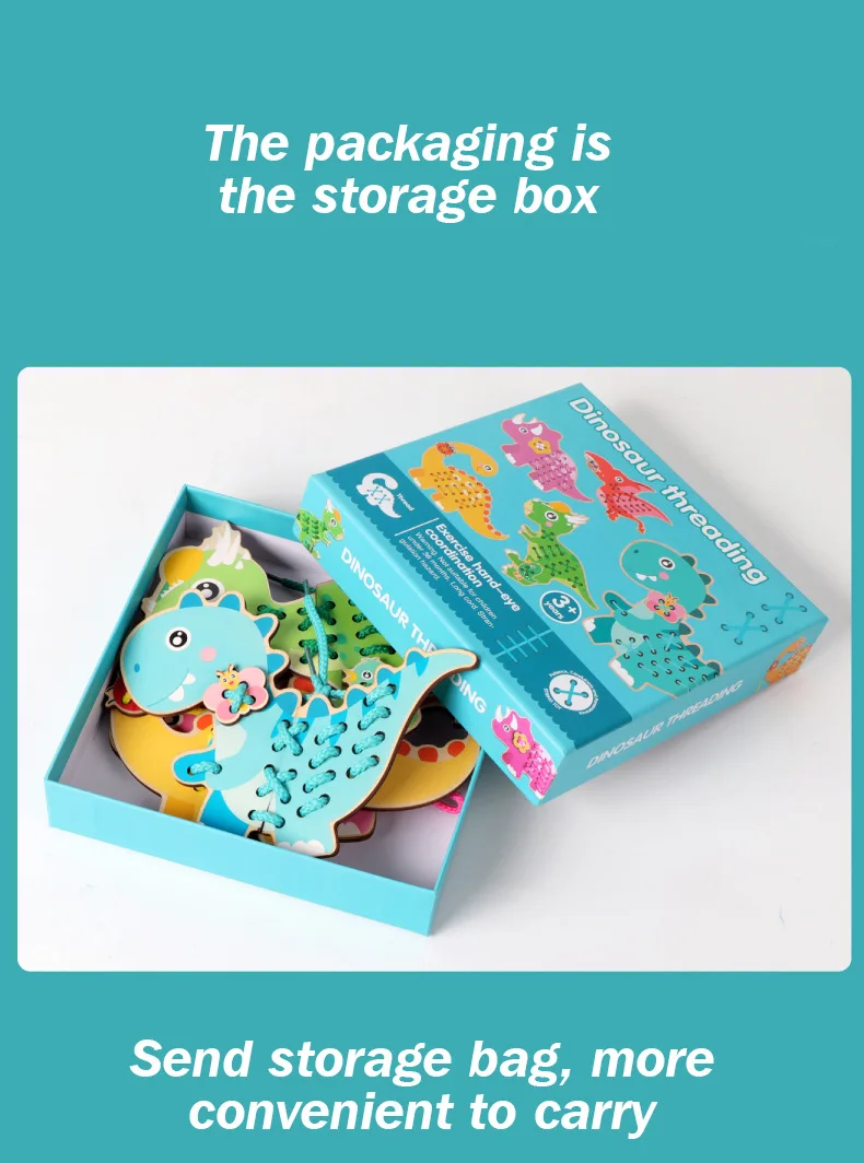 Kids Wooden Cartoon Animal Dinosaur Lacing Montessori Toy Wooden ...