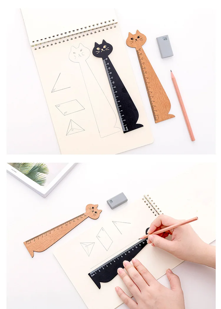 New Cartoon Cat Wooden Ruler Student Ruler Office Stationery Ruler 15cm ...