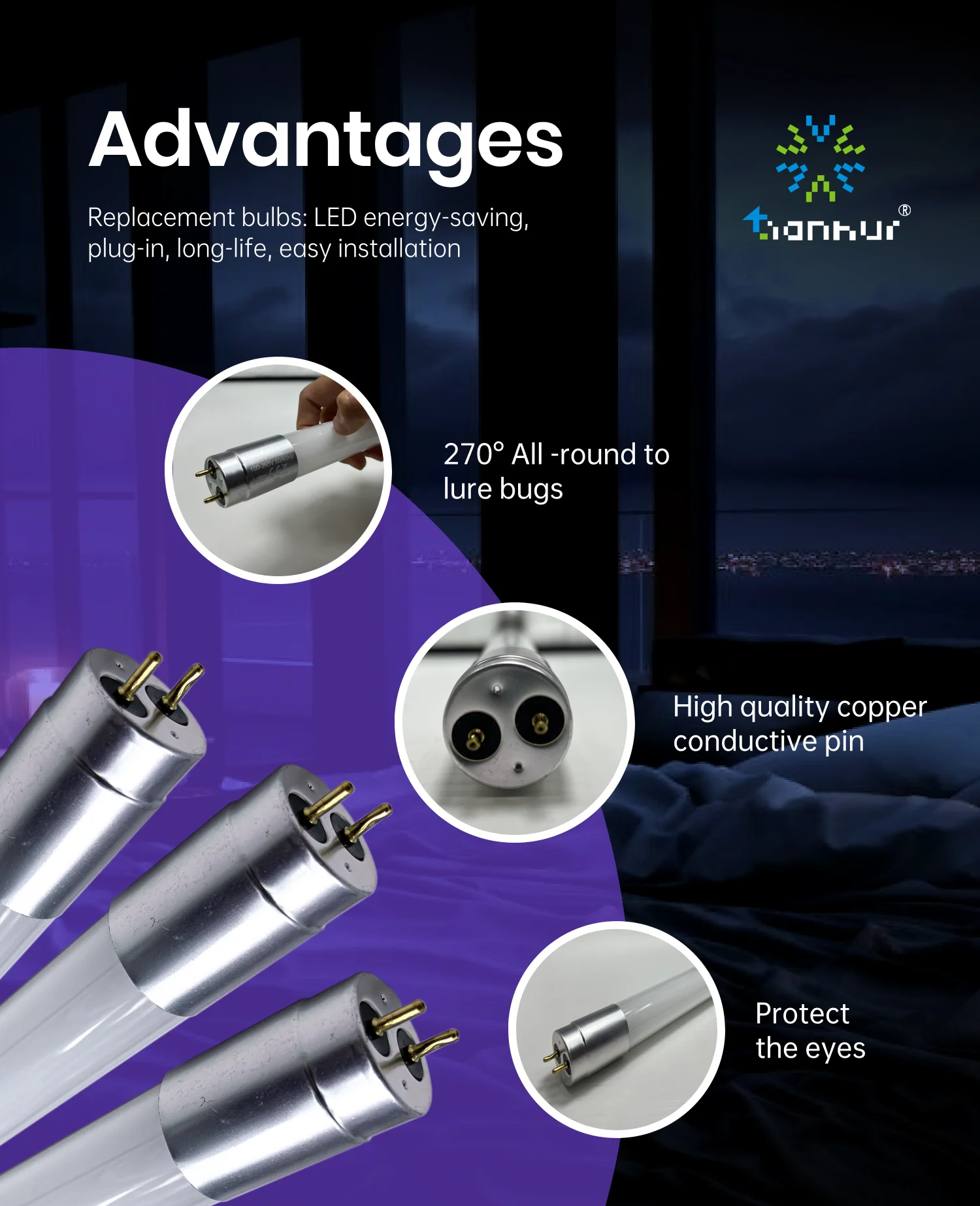 UVA Insect Trap Lamp T8 Blue Light 365nm 395nm Dual Chip UV LED