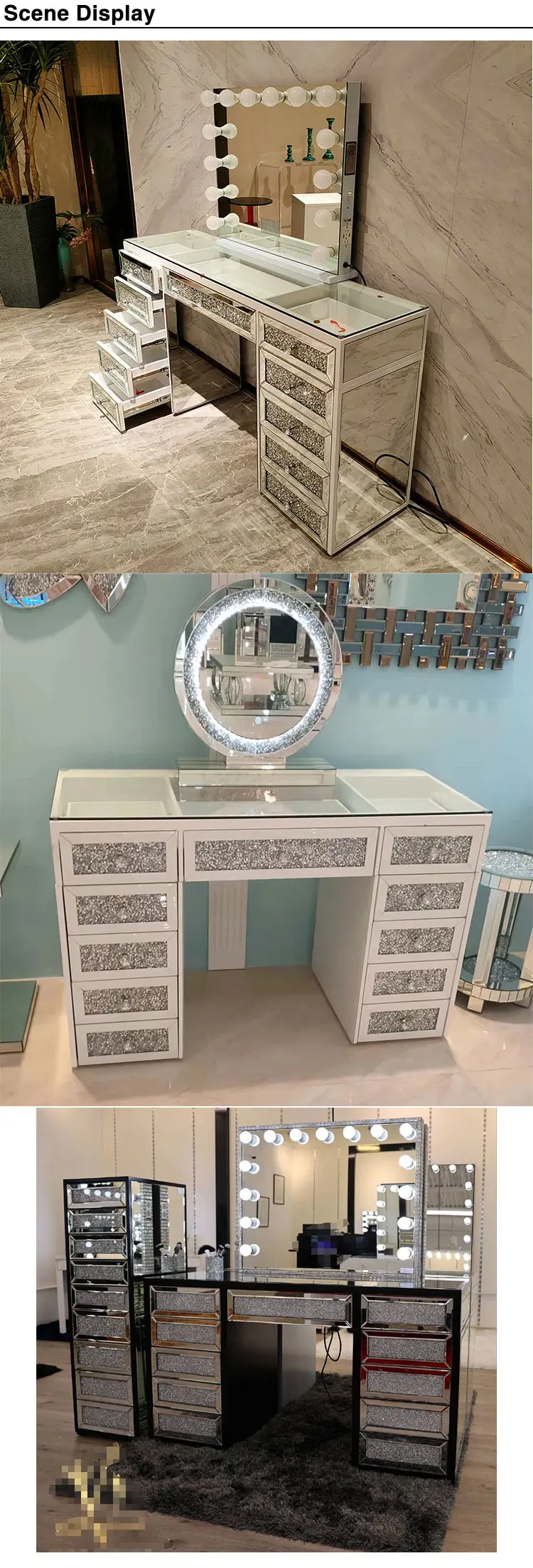 Modern Sparkling Diamond Silver Mirrored Dressing Table 11 Drawer ...