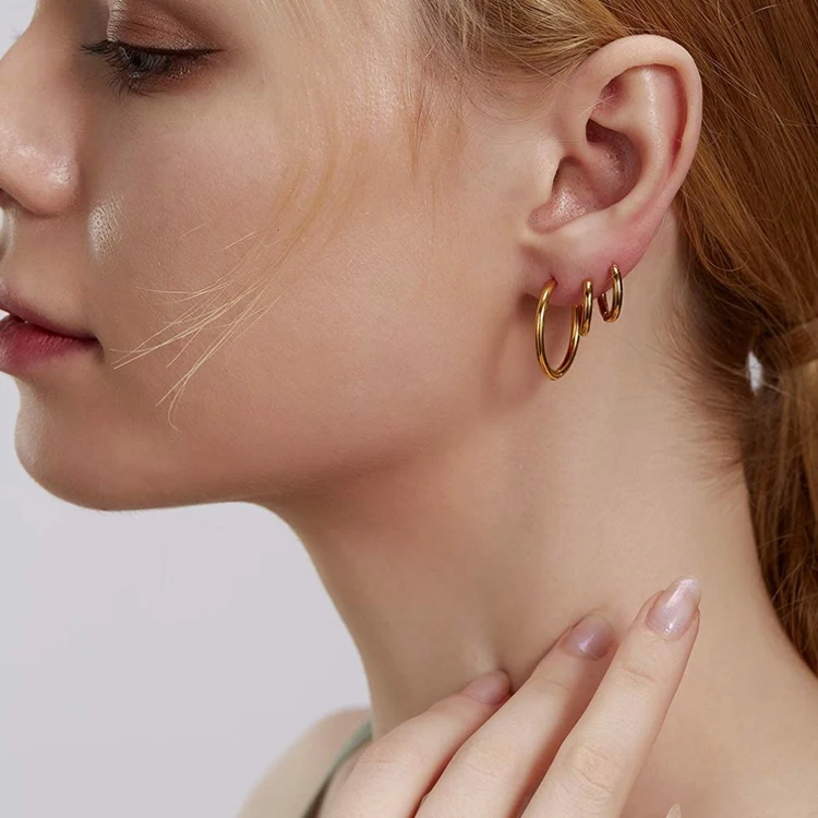 Arete Wholesale Trendy Stainless Steel Multi Size Gold Huggie Ear Rings Set Big Large Circle ...