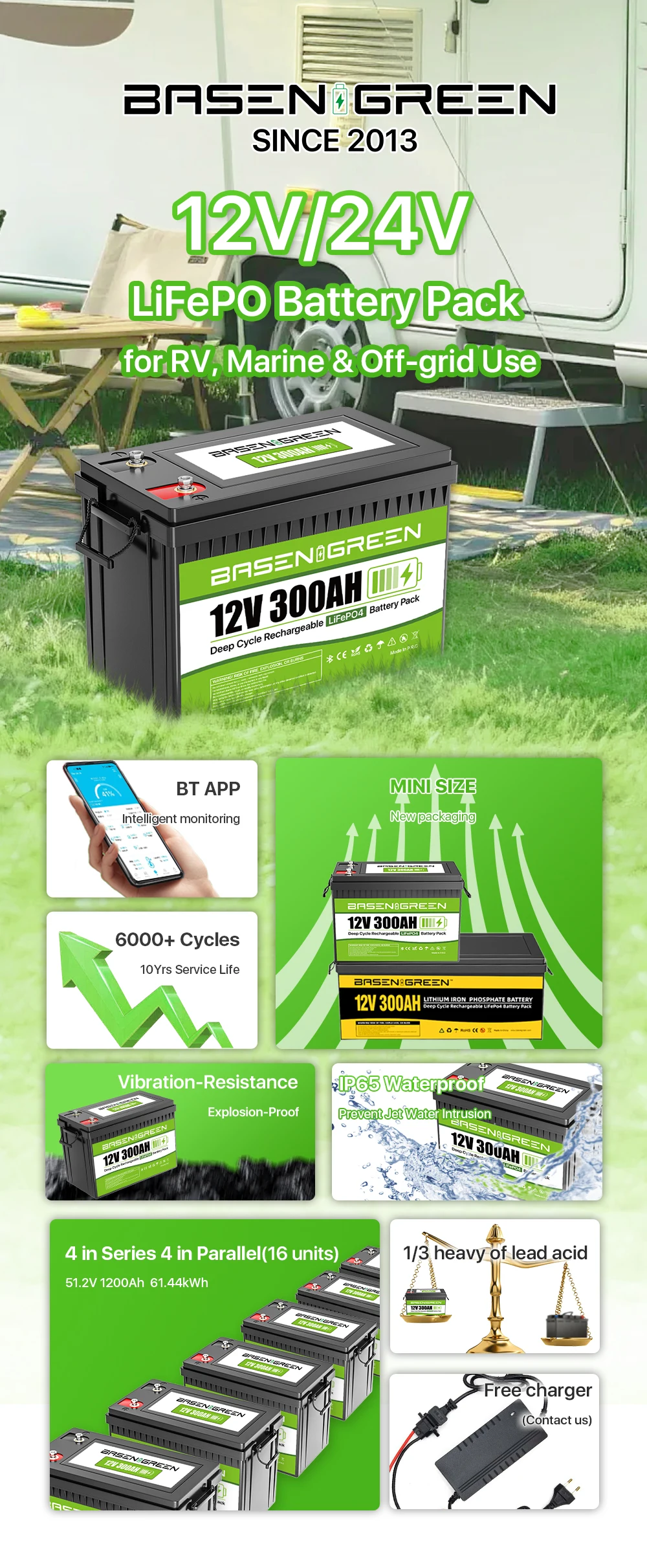 Basen Green EU Stock 12V Lifepo4 Battery: 100Ah, 200Ah, 300Ah Deep ...