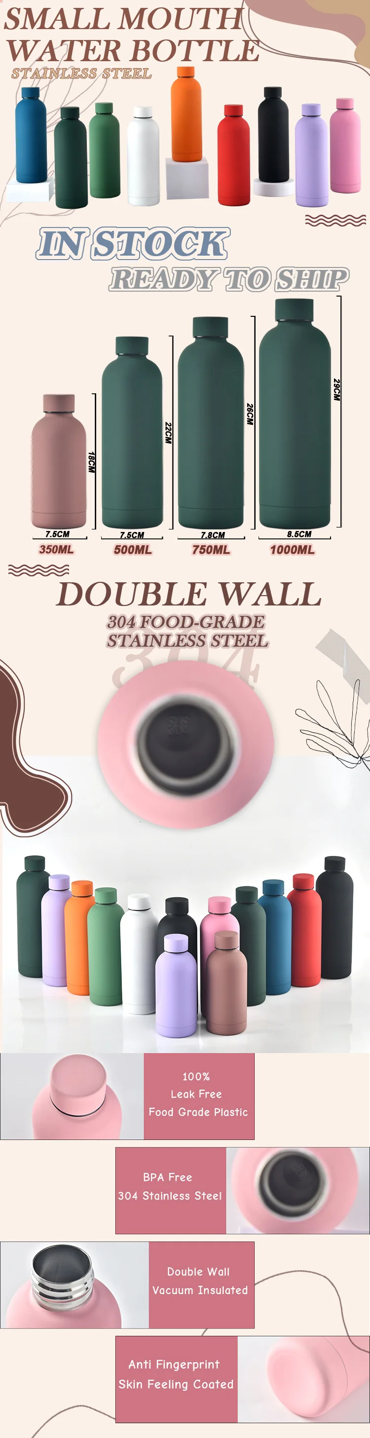 Fuguang 350/500/750/1000ml Water Bottle Small Mouth Stainless Steel Vacuum Flask With Oem& Odm ...