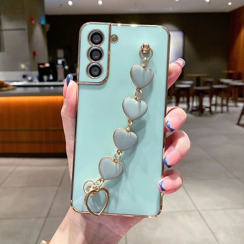 Luxury Electroplated Heart Chain Strap Phone Case for S22 Plus