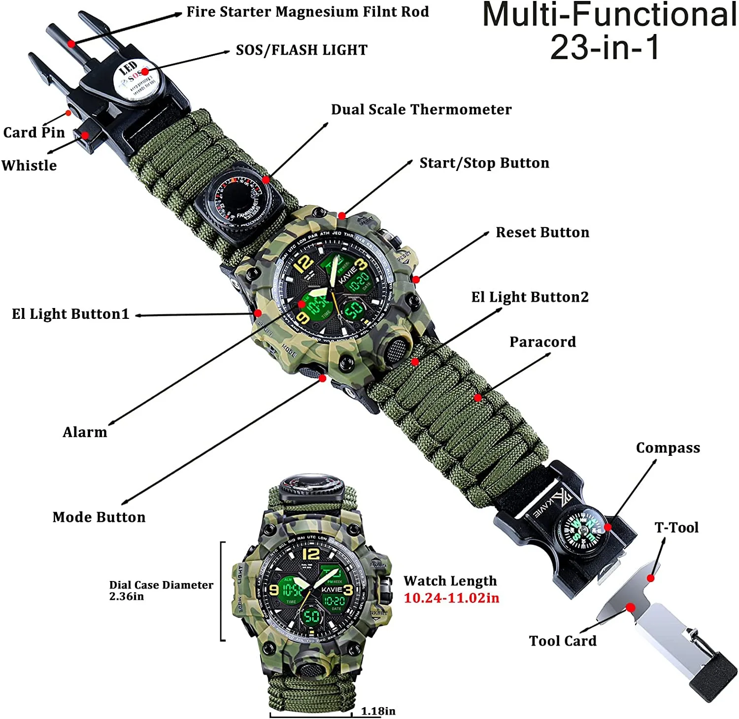 Multi Functional 5 in 1 Emergency Watch Outdoor Camping Climbing Wrist ...