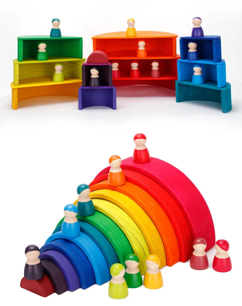 Wooden Rainbow Stacking Game Learning Toy Geometry Building Blocks ...