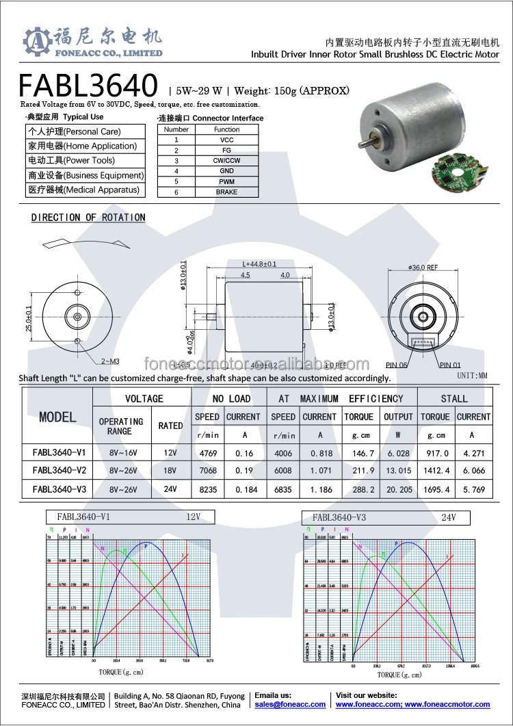 Foneacc Motor 12V 24V FABL3640 - High Efficiency Brushless DC Motor
