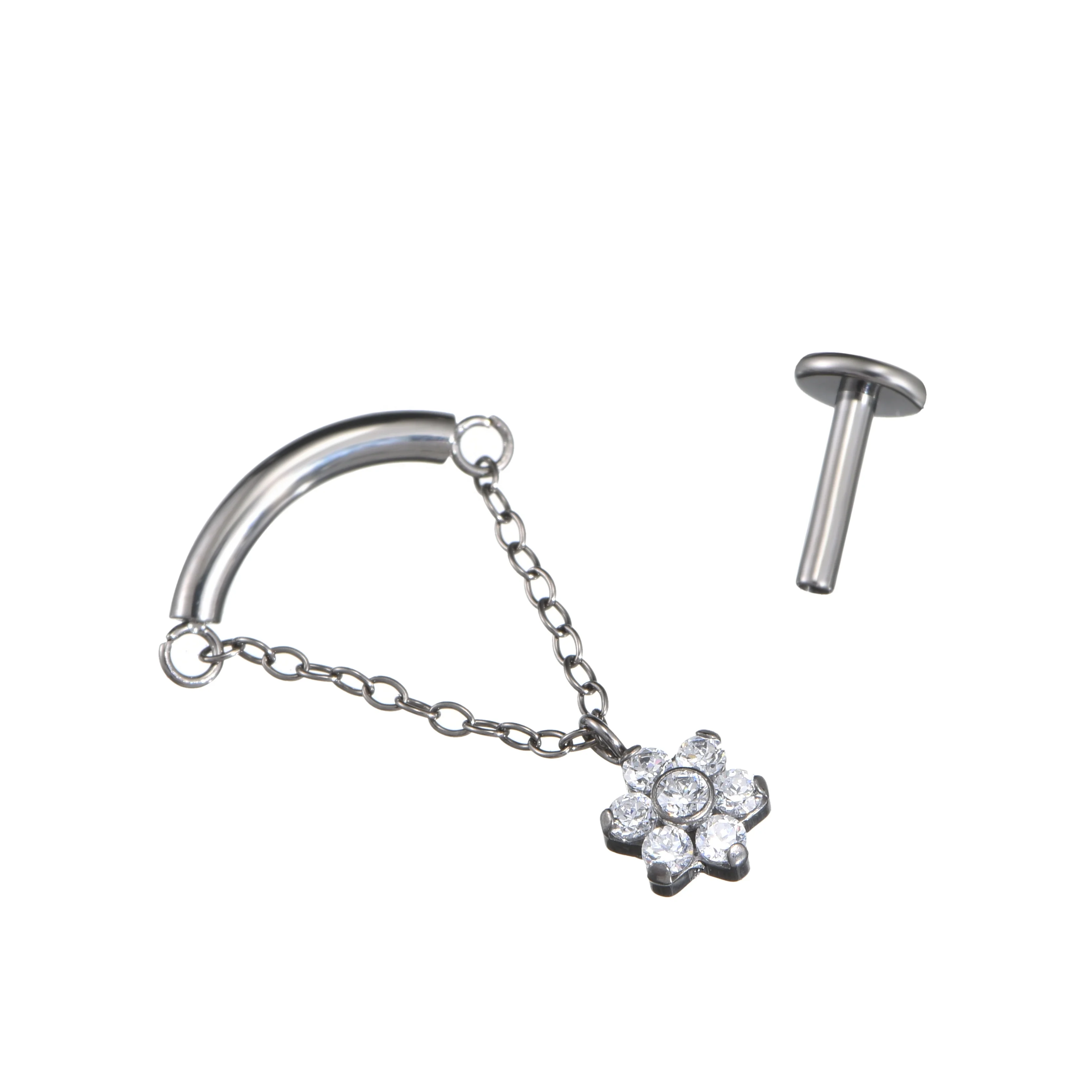 Fuxuan Astm F136 Titanium Curved Bar With Flower Dangle Internally Threaded Labret Titanium Body ...