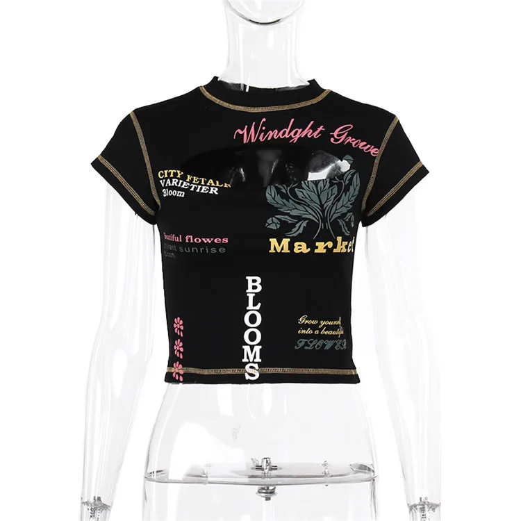 Black Garphic Print T Shirt Night Clubwear for Women 2024 Summer Short ...