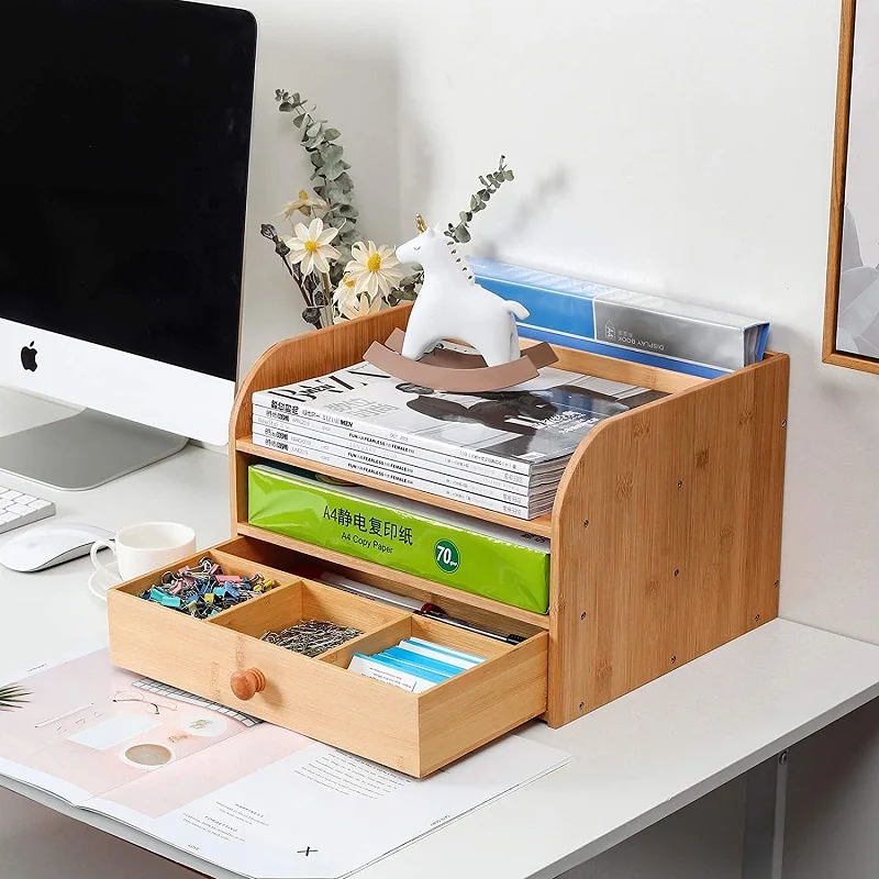 Custom Office Bamboo Desk Organizer Multi-use Storage Box With Drawer ...