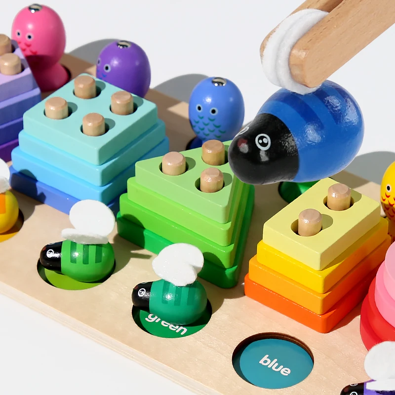 Jucarie din lemn 3 in 1 Montessori, Joc logaritmic, educativ, sortator ...