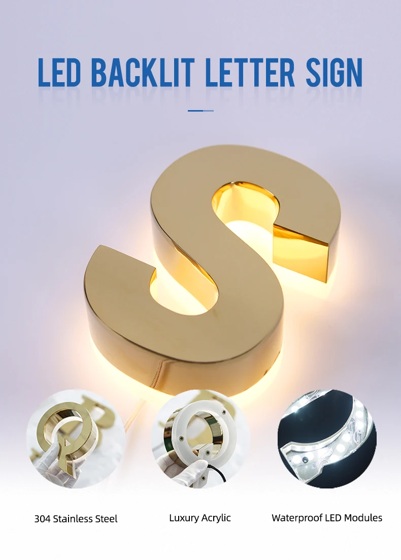 3D Custom Brightness Backlit Letter Signage Business Stainless Steel ...