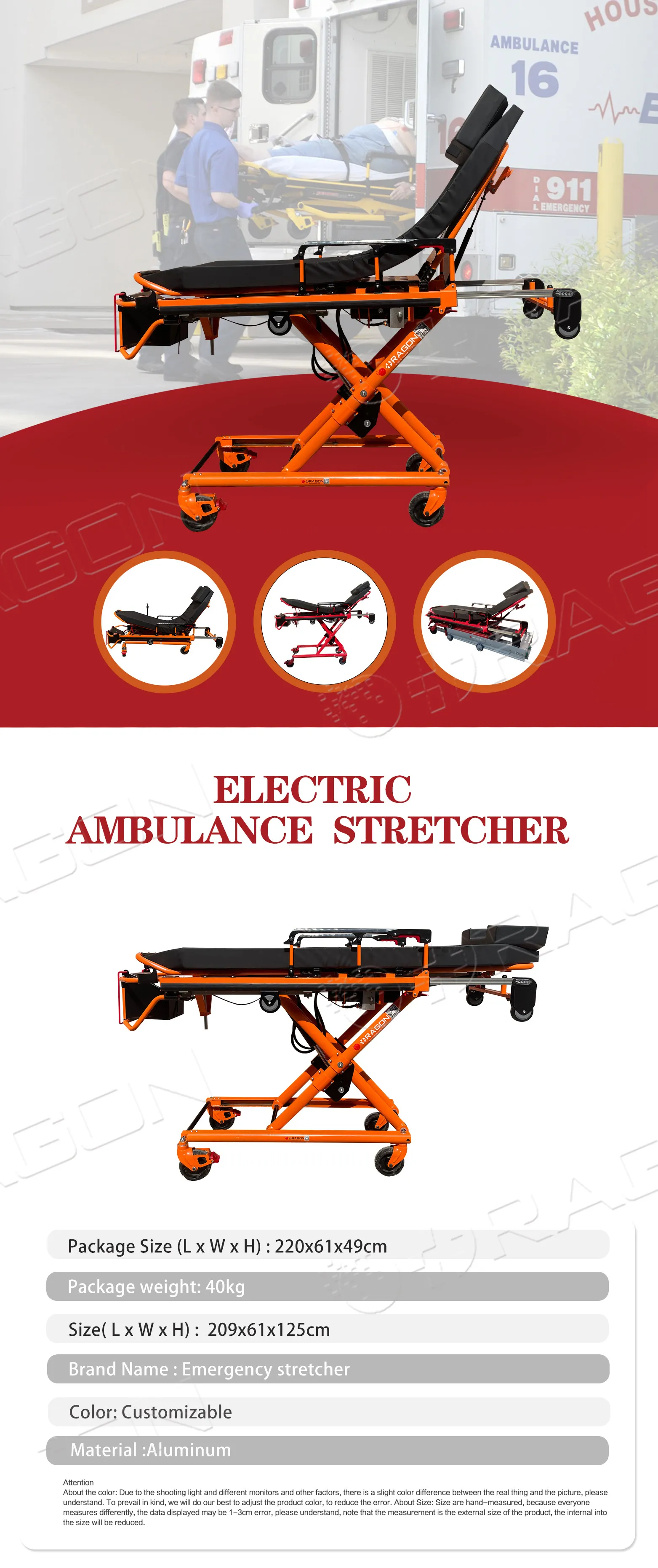 Hospital Heavy Duty Electric Automatic Lift Ambulance Stretcher Medical ...