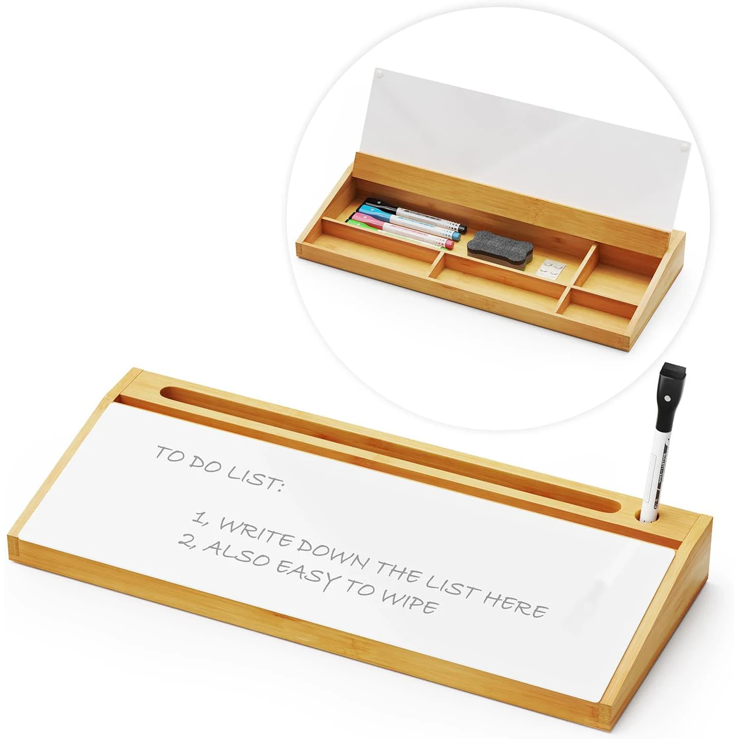 Bamboo Desktop Whiteboard With Organizer Box,Office Desk Dry Erase ...
