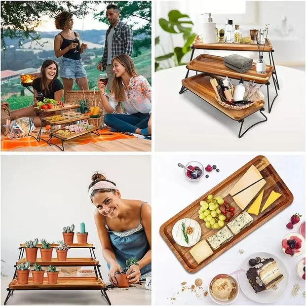 Foldable Steppted Wrought Iron Rack Acacia Wood Plate Dish Food Snack ...