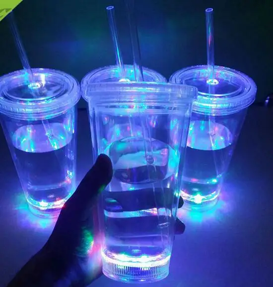 Double Wall Plastic Water Cup - Glowing Tumbler with Straw