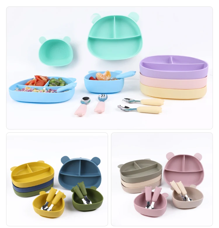 Custom Bear Design Plates Spoon Fork Silicone Baby Feeding Set Silicone ...