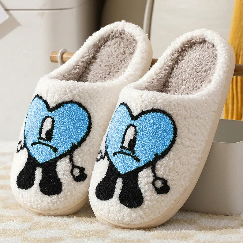 Cute Fuzzy Bad Bunny Pattern Slippers Slides Key Chain And Blanket ...