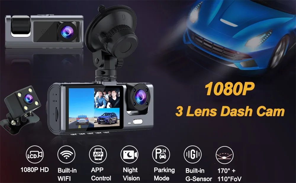 3 Channel Car DVR Wifi Control Camera - 1080P Video Recorder