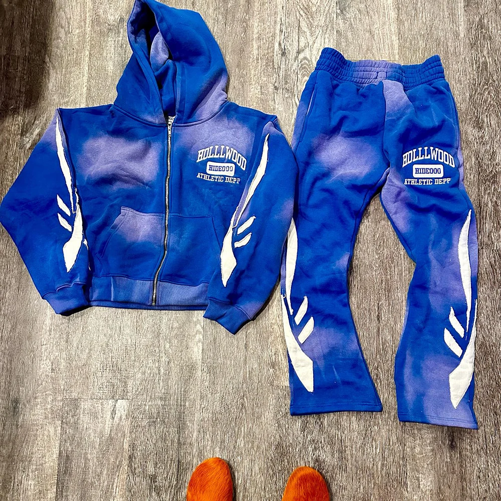 Custom Distressed Applique Patch Embroidery Jogger Tracksuits Acid Wash ...