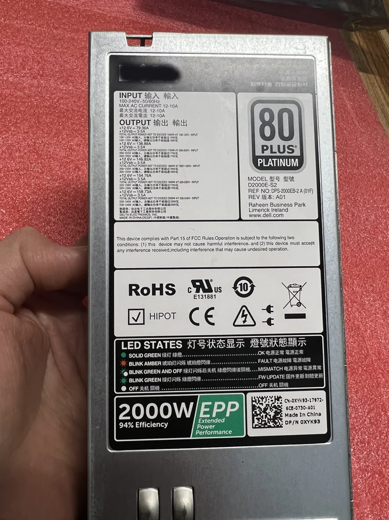 2000W GPU Mining Power Supply PSU 80Plus Platinum EPP D2000E-S2 DPS-2000EB-2A XYK93 960VR RTKKT ...