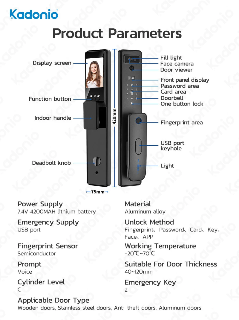 Kadonio Tuya App Wifi Outdoor 3d Face Recognition Deadbolt Smart Door ...