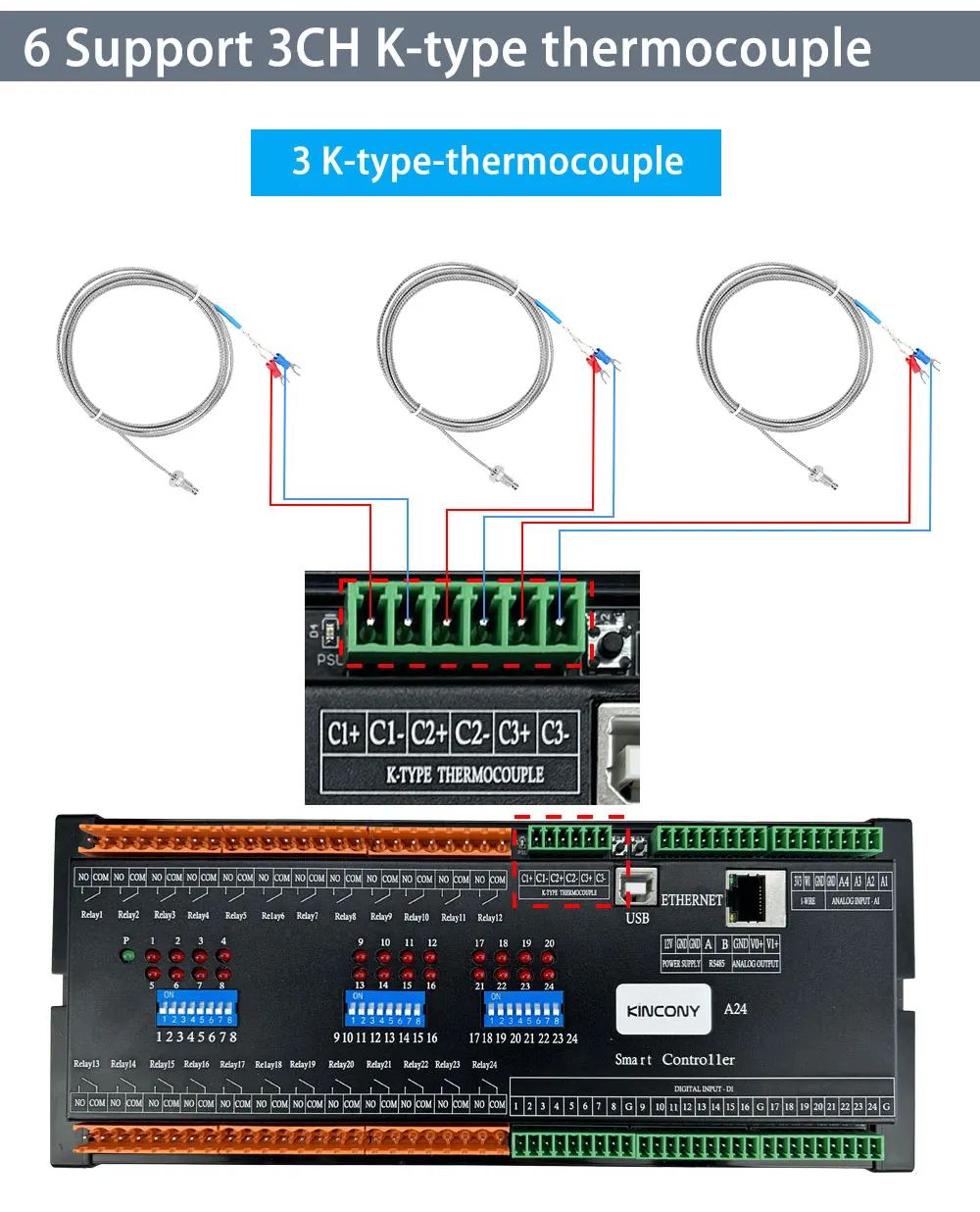 Kincony ESP32 K-TYPE THERMOCOUPLE 24CH RELAY MODULE/A24