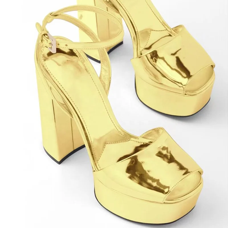 Silver Square Toe Women Thick Platform Sandals High Heels