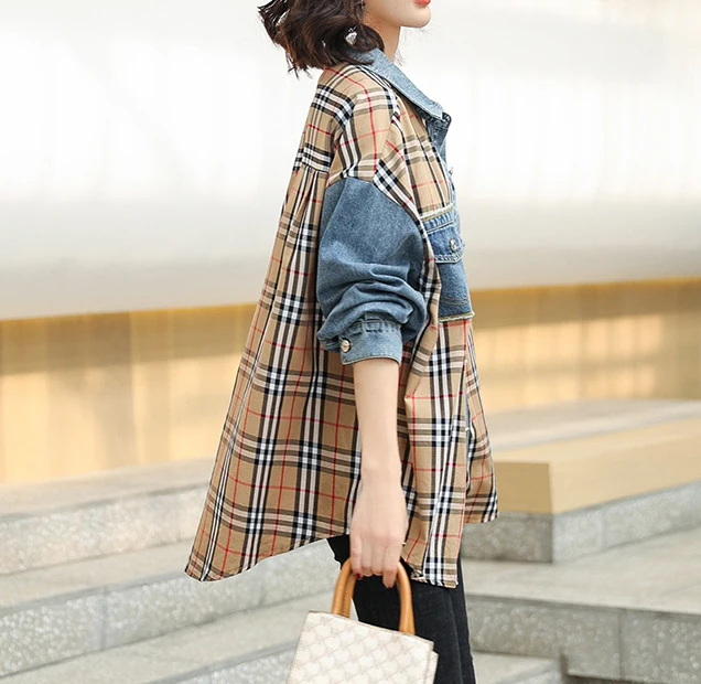 Trendy Custom Jean Ladies New Loose Patchwork Plaid Denim Shirt Women's ...
