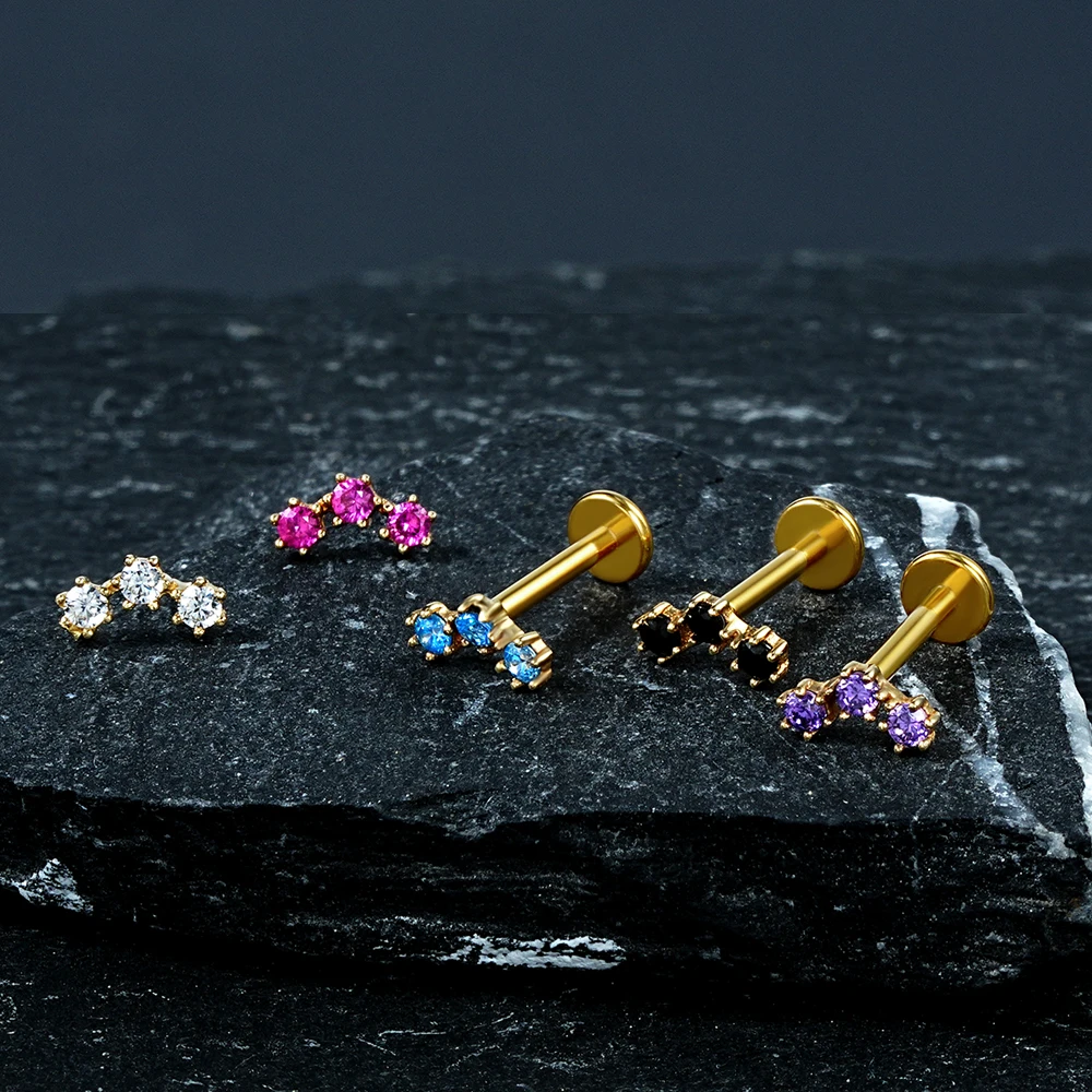 14K Solid Gold Threadless Labret Designs Gold Pin Earrings Colorful ...