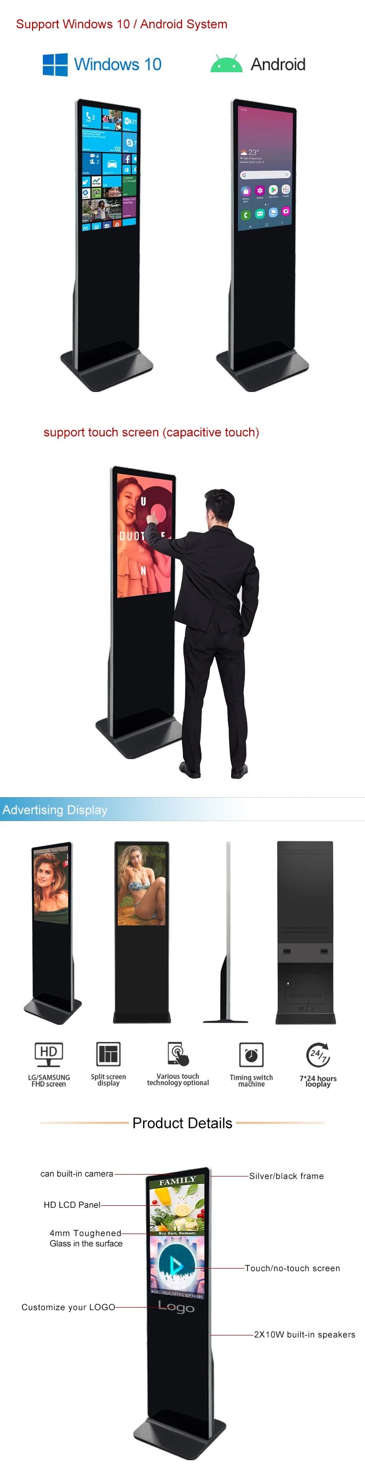 Standing Kiosk 75 " Wi-Fi System Android Non Touch Single Screen 4k ...