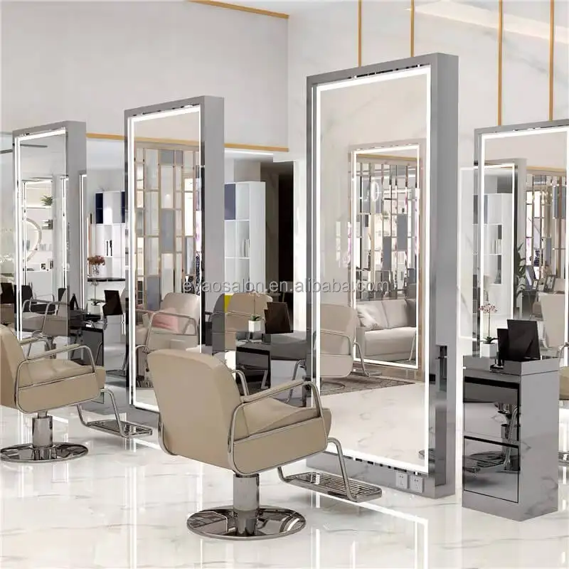Double Sided Barbershop LED Salon Mirror Station - Stylish & Functional