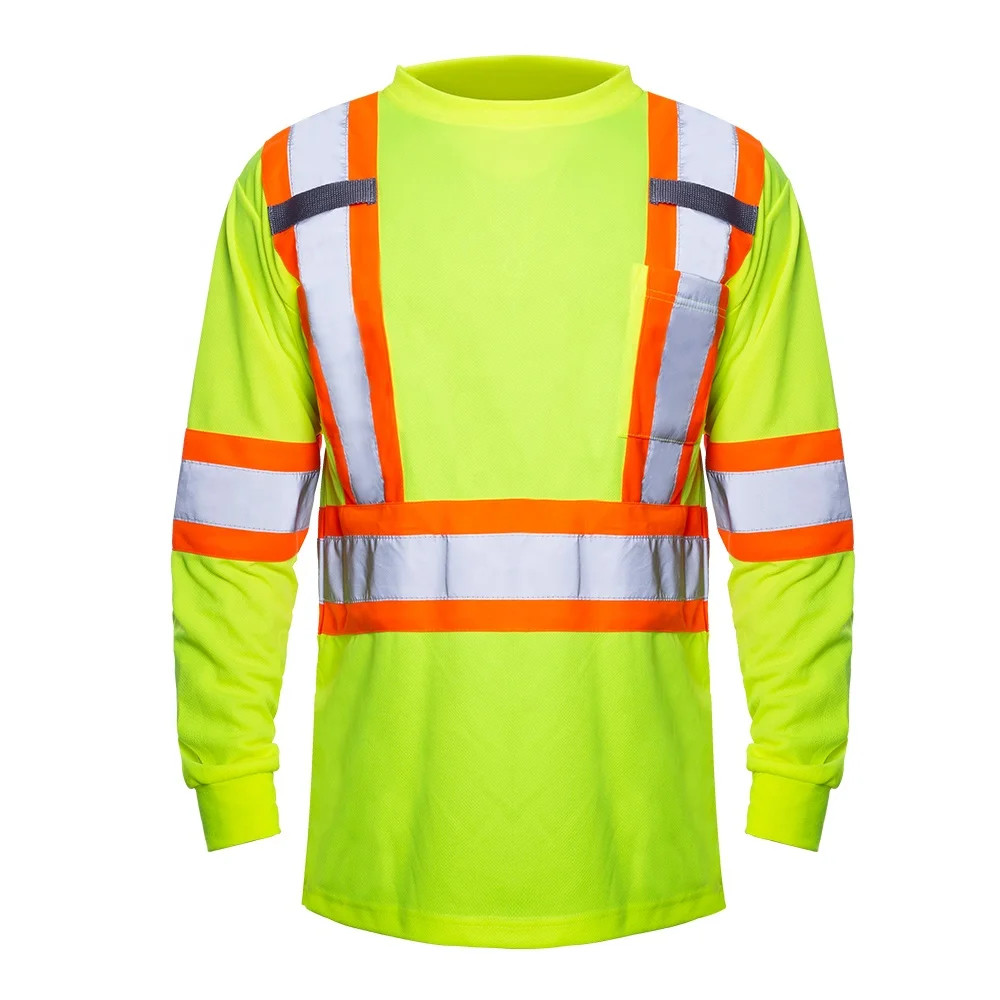 ANSI Class 2 High Visibility Yellow Work Shirts Long Sleeve Polyester ...